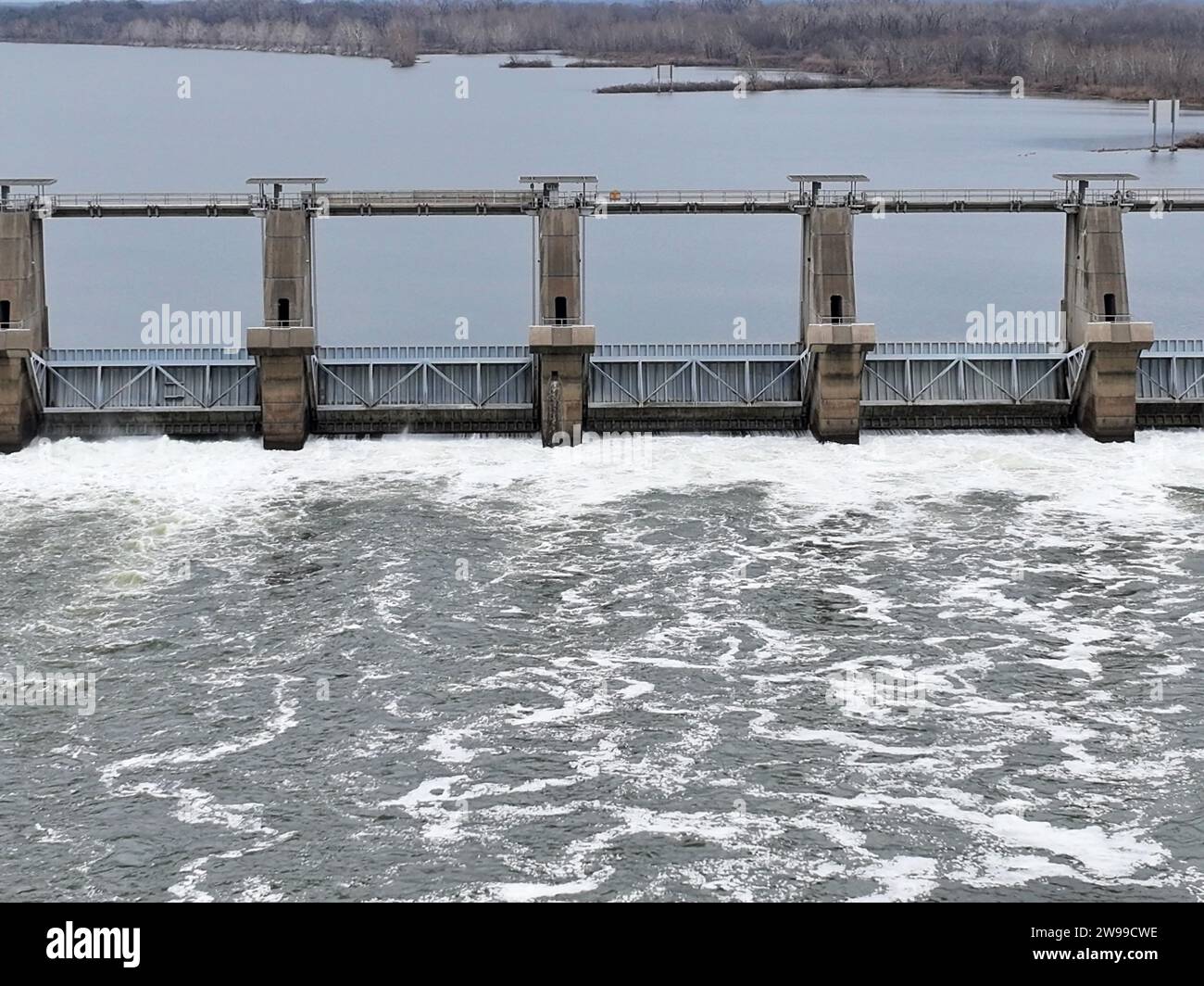 An aerial view of WD Mayo Lock and Dam 14 on the Arkansas River in Fort ...