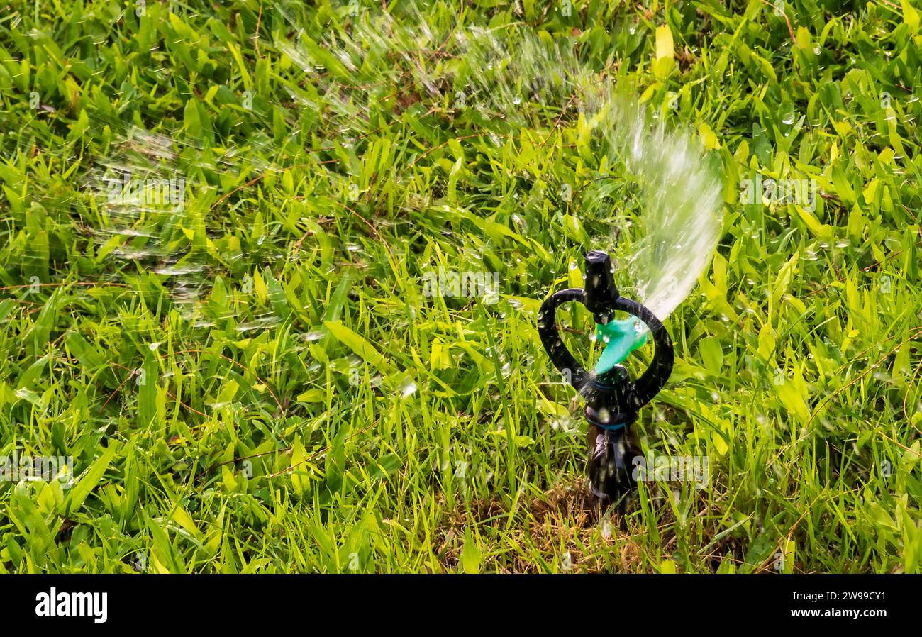 A vibrant green grass field is being watered with a modern sprinkler ...