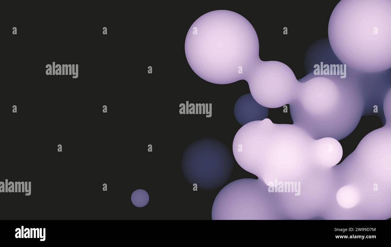 Abstract 3d fluid metaball shape with violet balls. Synthwave liquid pastel organic droplets ...