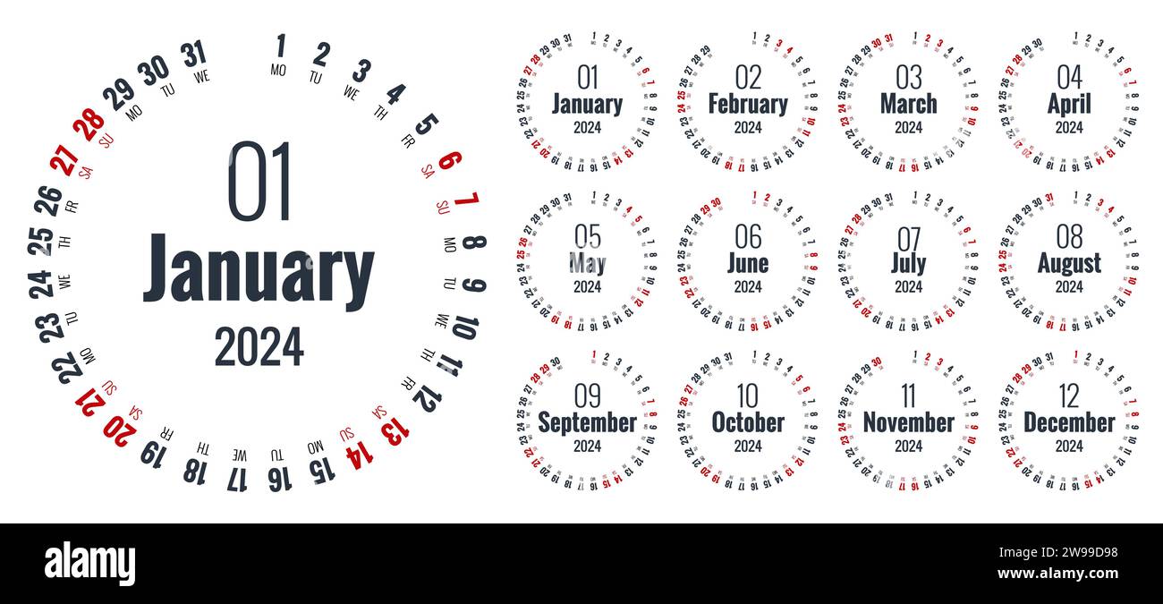 Colorful round calendar 2024 Calendar. Portrait Orientation. Set of 12 ...