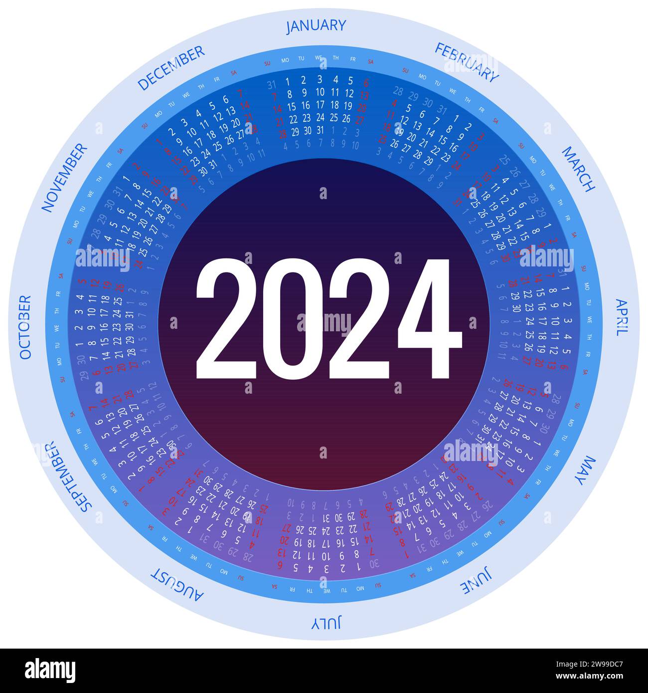 Colorful round calendar 2024 Calendar. Portrait Orientation. Set of 12 ...