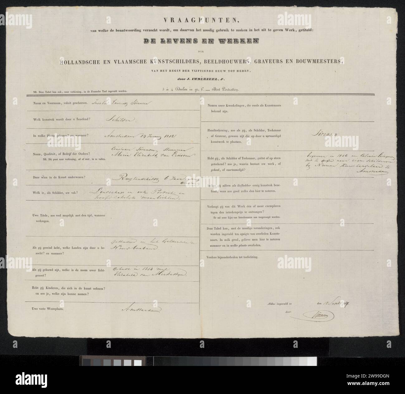 Survey form completed by Jacobus Sörensen, Johannes Immerzeel, 1847 ...