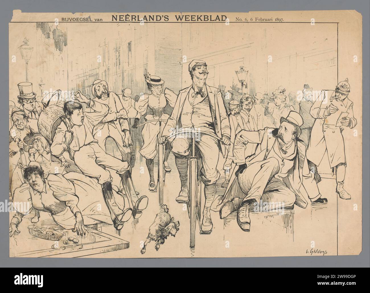 Group of people deviate from two cyclists, Petrus van Geldorp, 1897 ...