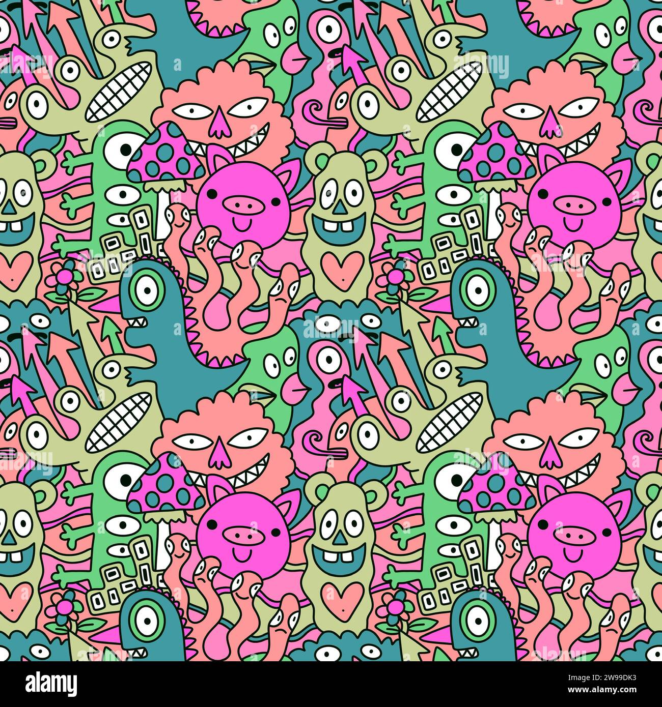 Cartoon retro monsters seamless Halloween pattern for wrapping paper ...