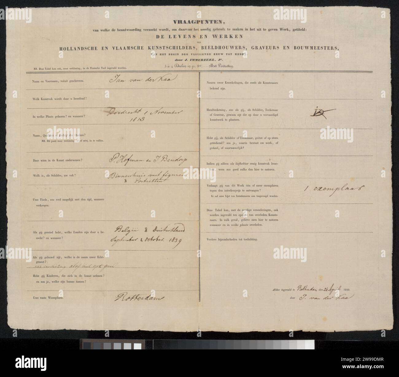 Survey form completed by Jan van der Kaa, Johannes Immerzeel, 1840 ...