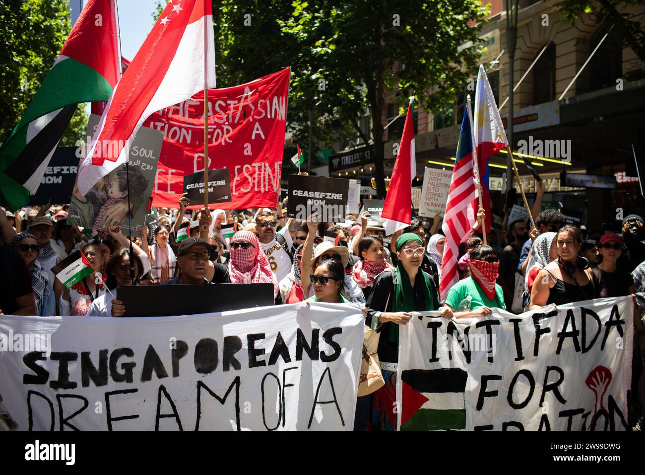 A large crowd of people, holding up banners and flags, are protesting ...