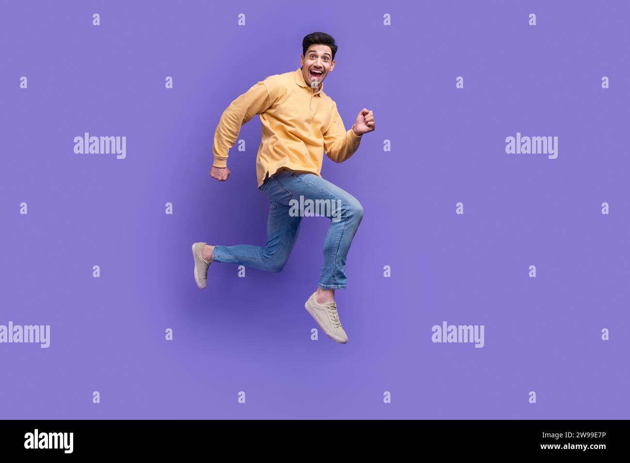 Full body photo of nice young male running excited have fun dressed ...