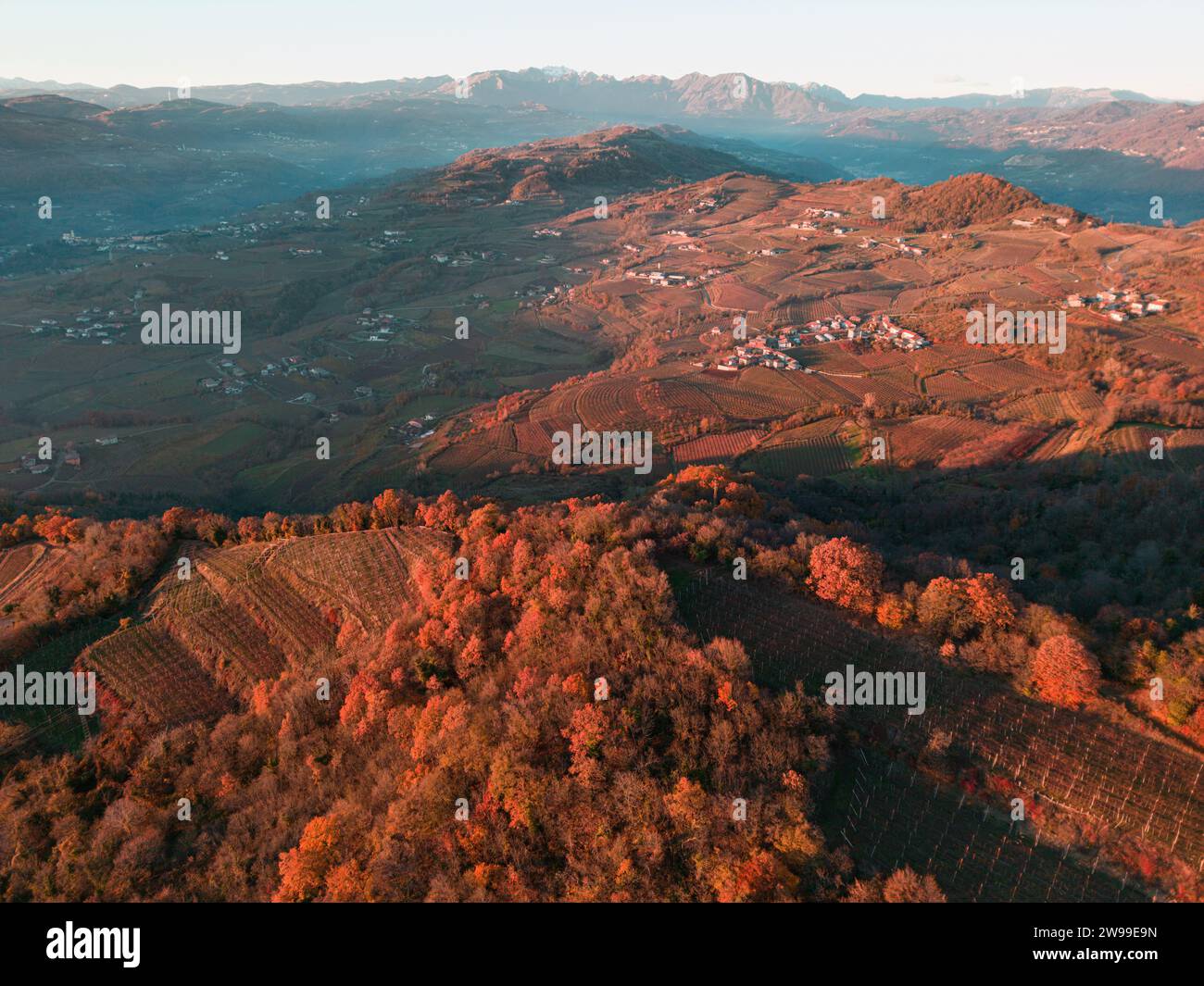 An aerial view of beautiful hills in the fall in the Lessinia area ...