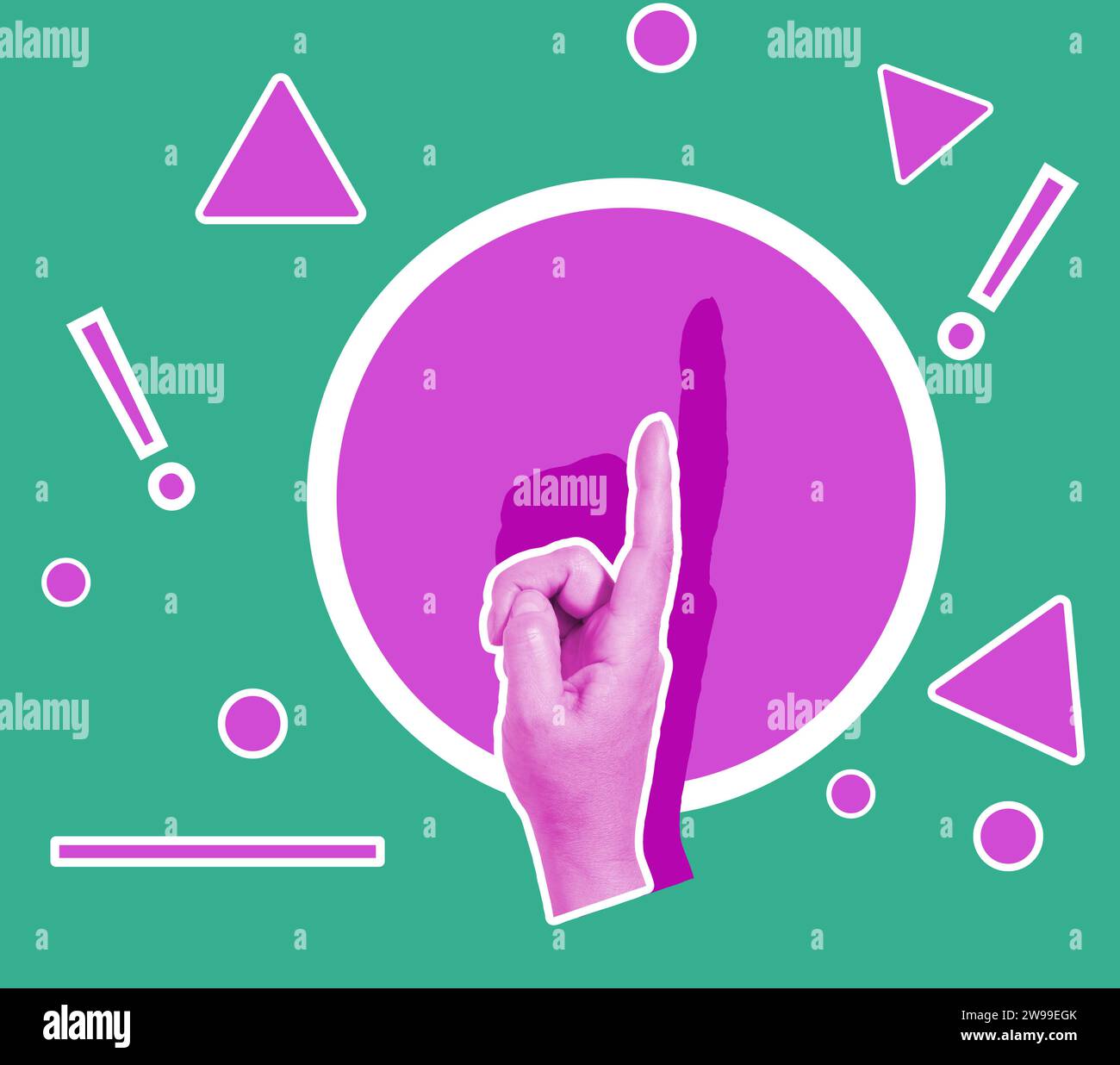 Modern collage of a hand with a raised finger up in pop art style on a ...
