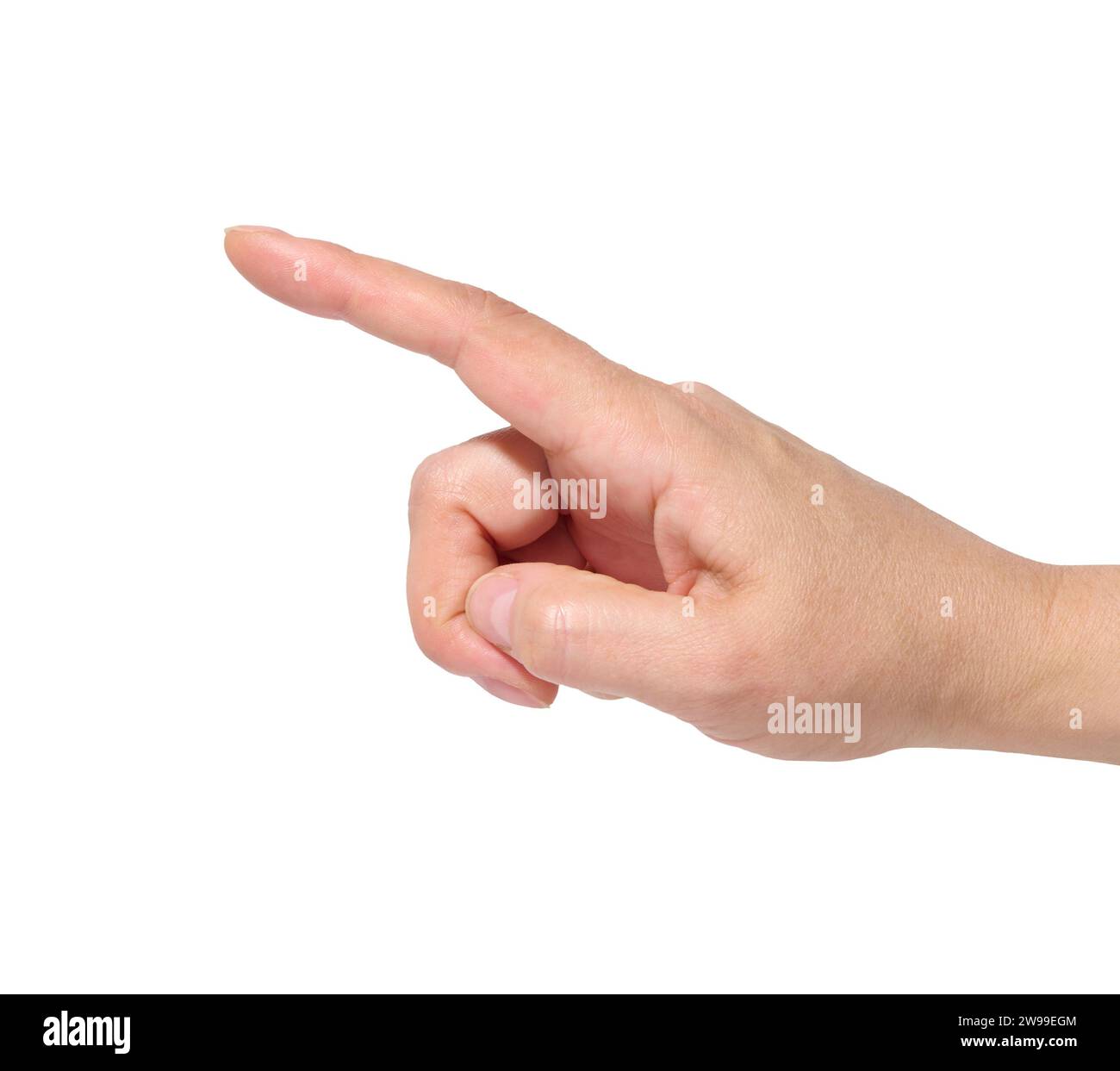 Female hand pointing to the side with index finger on isolated ...