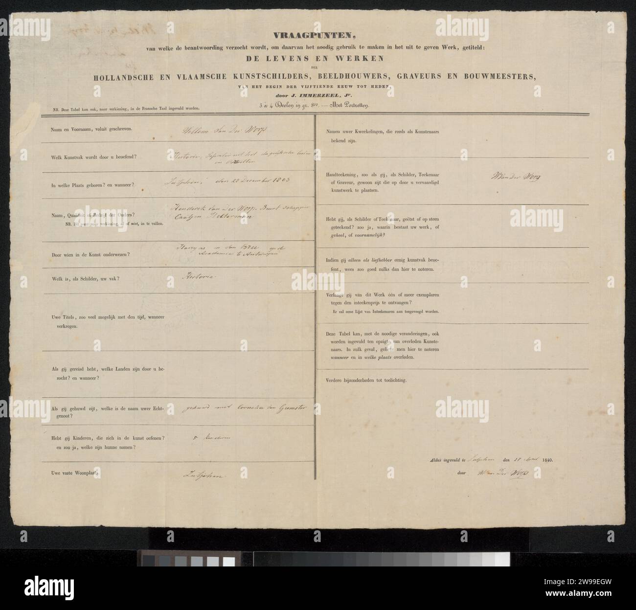 Survey form completed by Willem van der Worp, Johannes Immerzeel, 1840 ...