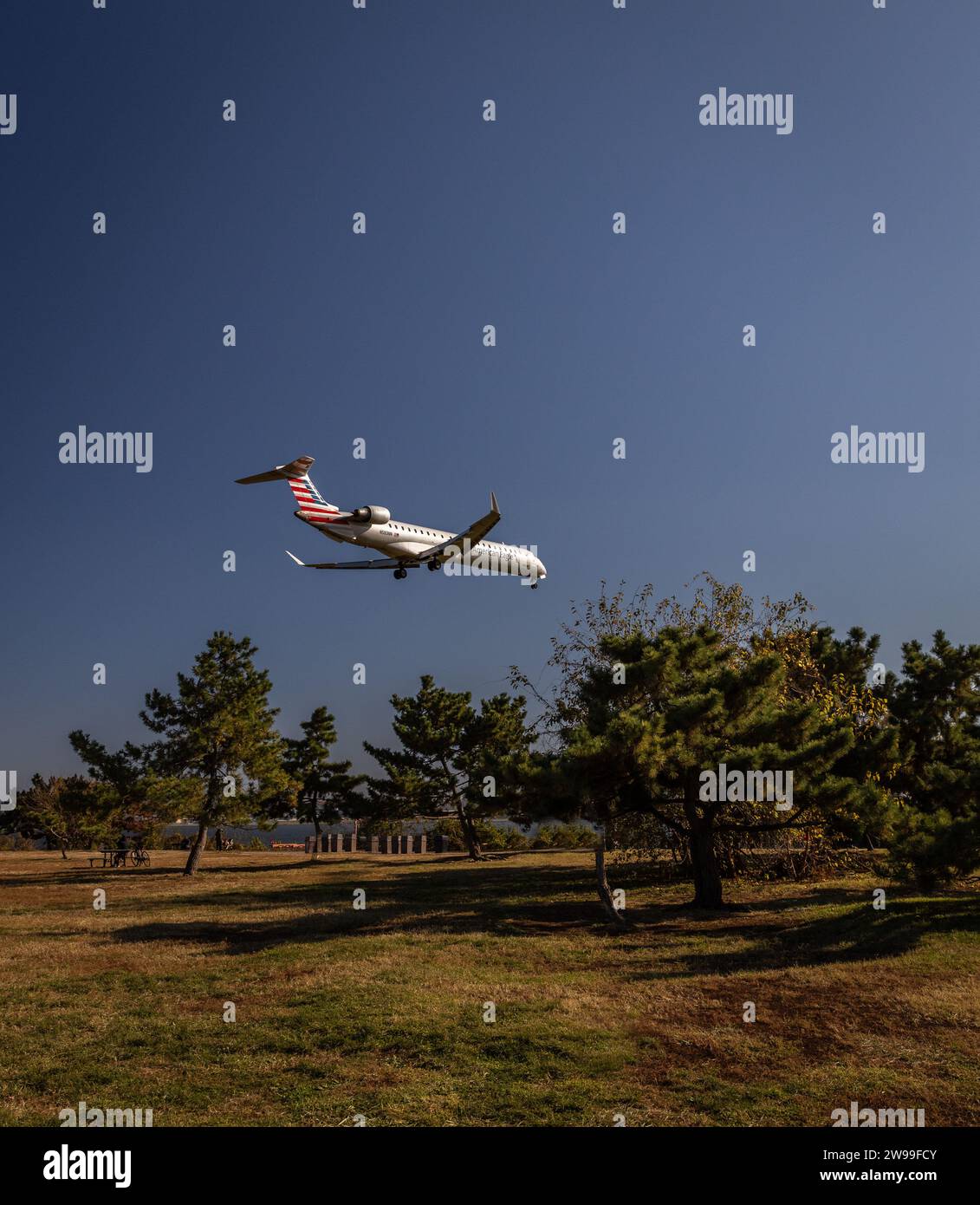 An American Eagle regional jet flying over trees at Ronald Reagan ...