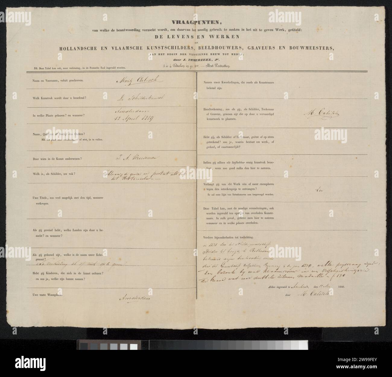 Survey form completed by Moritz Calisch, Johannes Immerzeel, 1840 ...