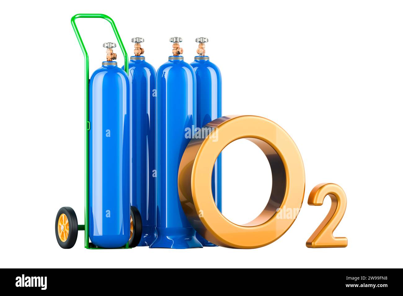 Gas cylinders with oxygen O2, Blue gas cylinder with hand truck. Gas ...