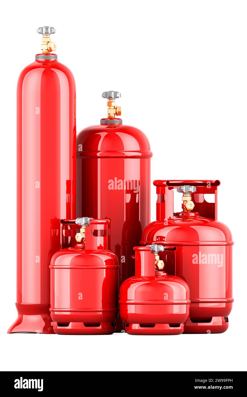 Set of propane cylinders with compressed gas, 3D rendering isolated on ...