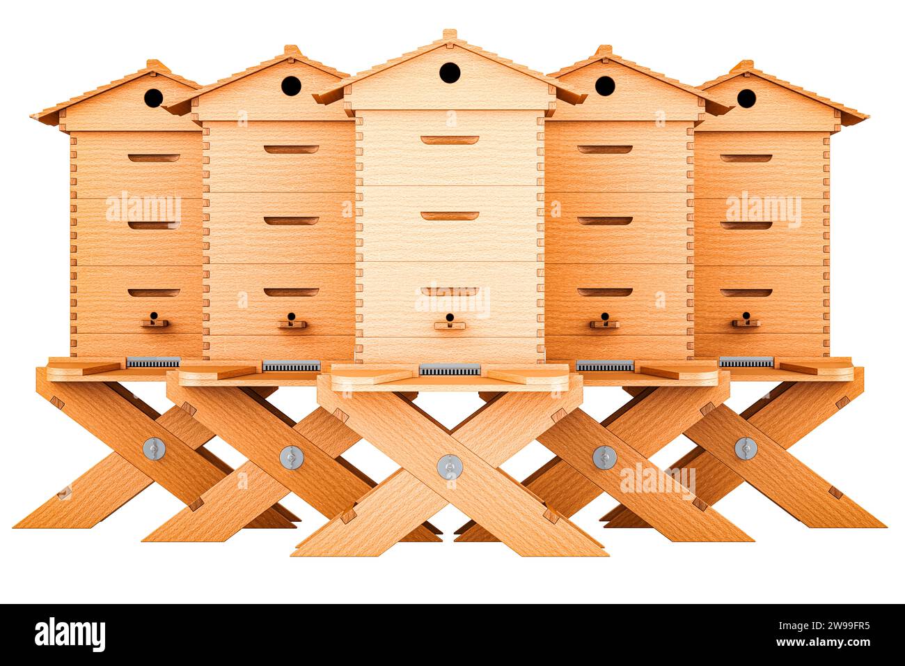 Wooden beehives with stands. Frame Bee Hives. 3D rendering isolated on ...