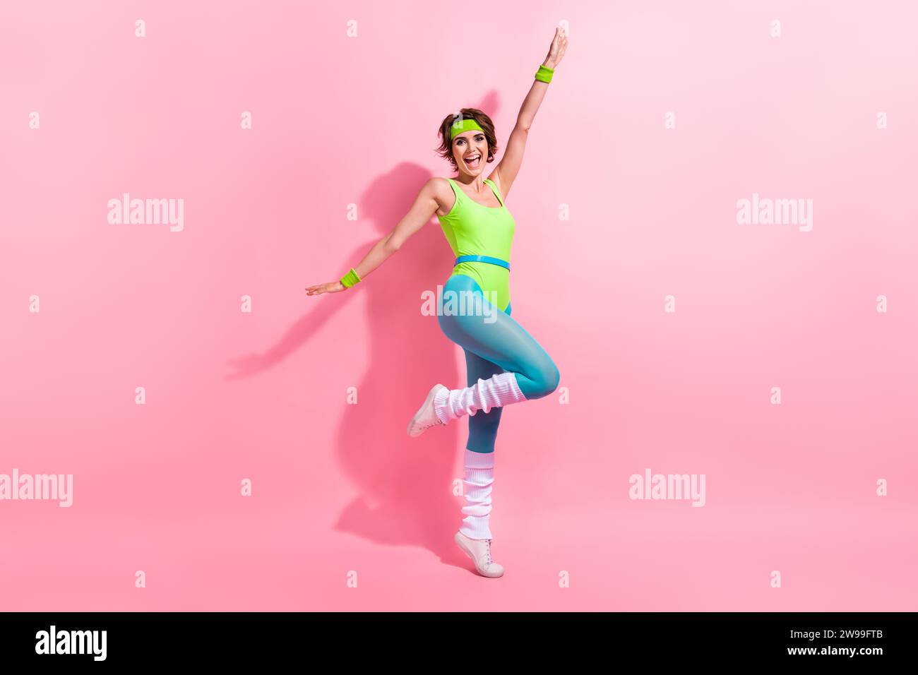 Full length portrait of positive overjoyed charming person stand one ...