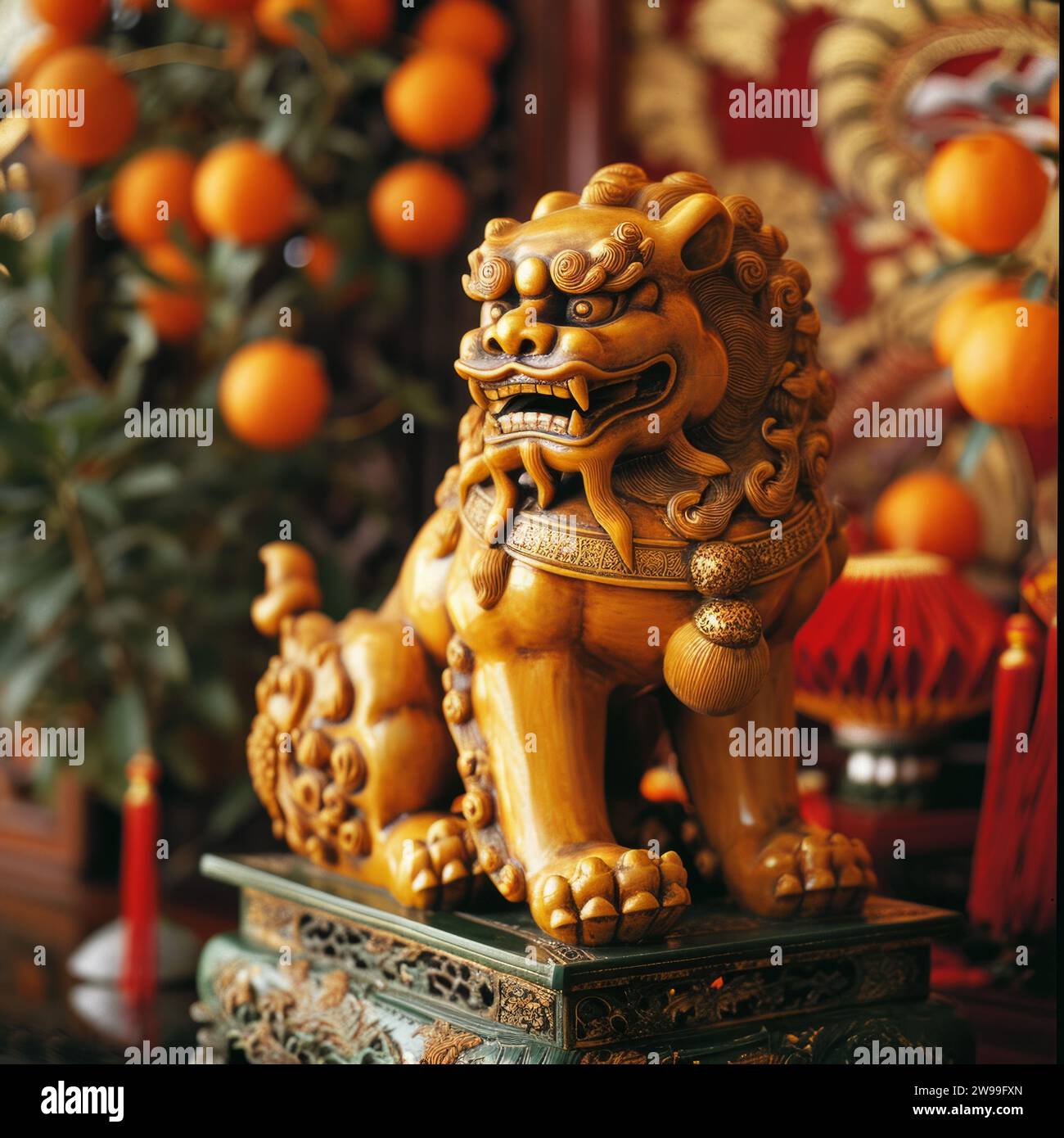 A detailed golden lion statue stands atop a vibrant, multicultural ...