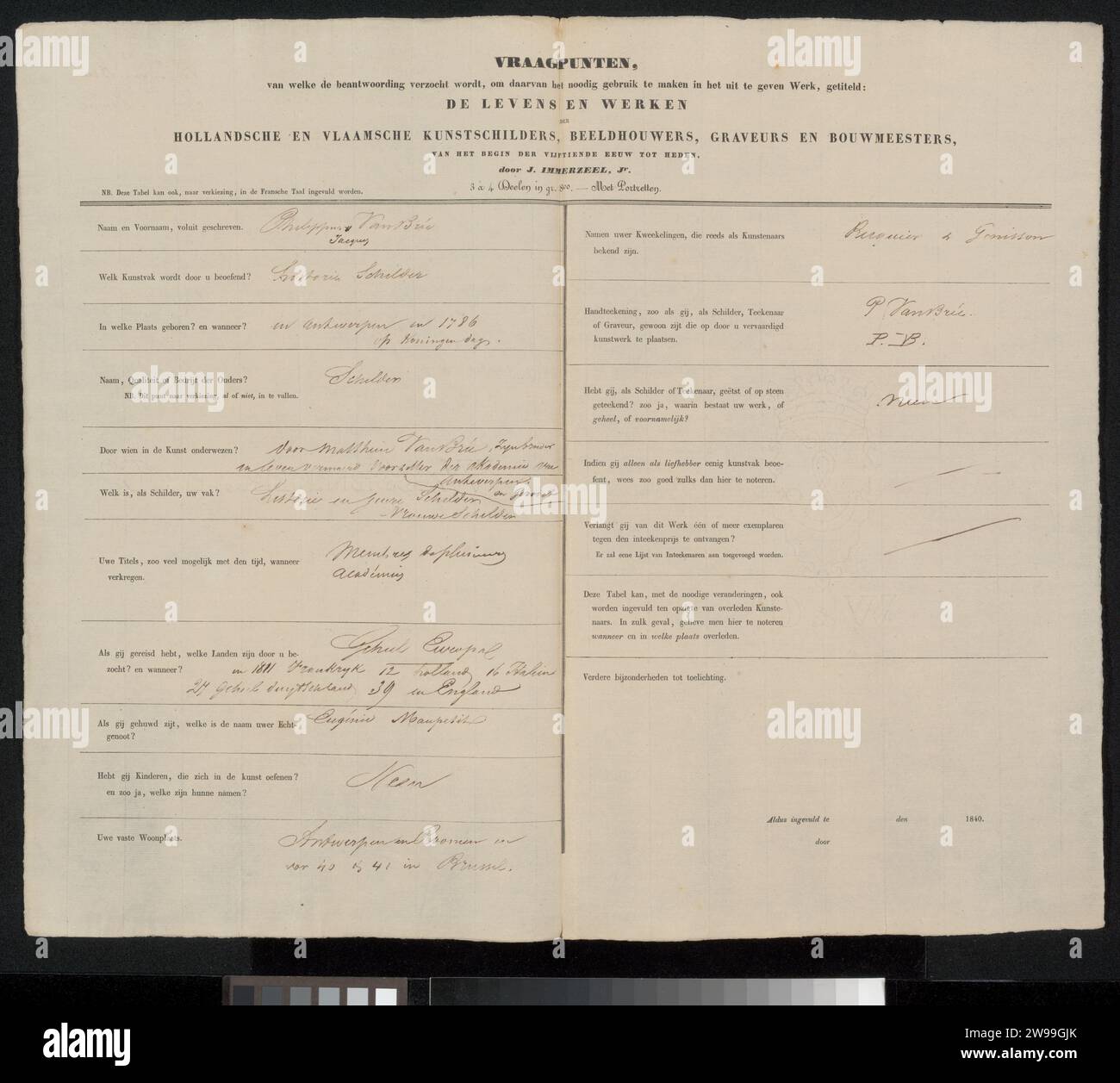 Survey form completed by Philippus Jacobus van Bree, Johannes Immerzeel, c. 1840 - c. 1841 ...
