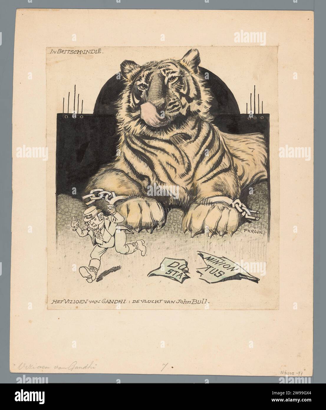 John Bull fleeing the Indian Tiger, Patricq Kroon, 1920 - 1935 drawing ...