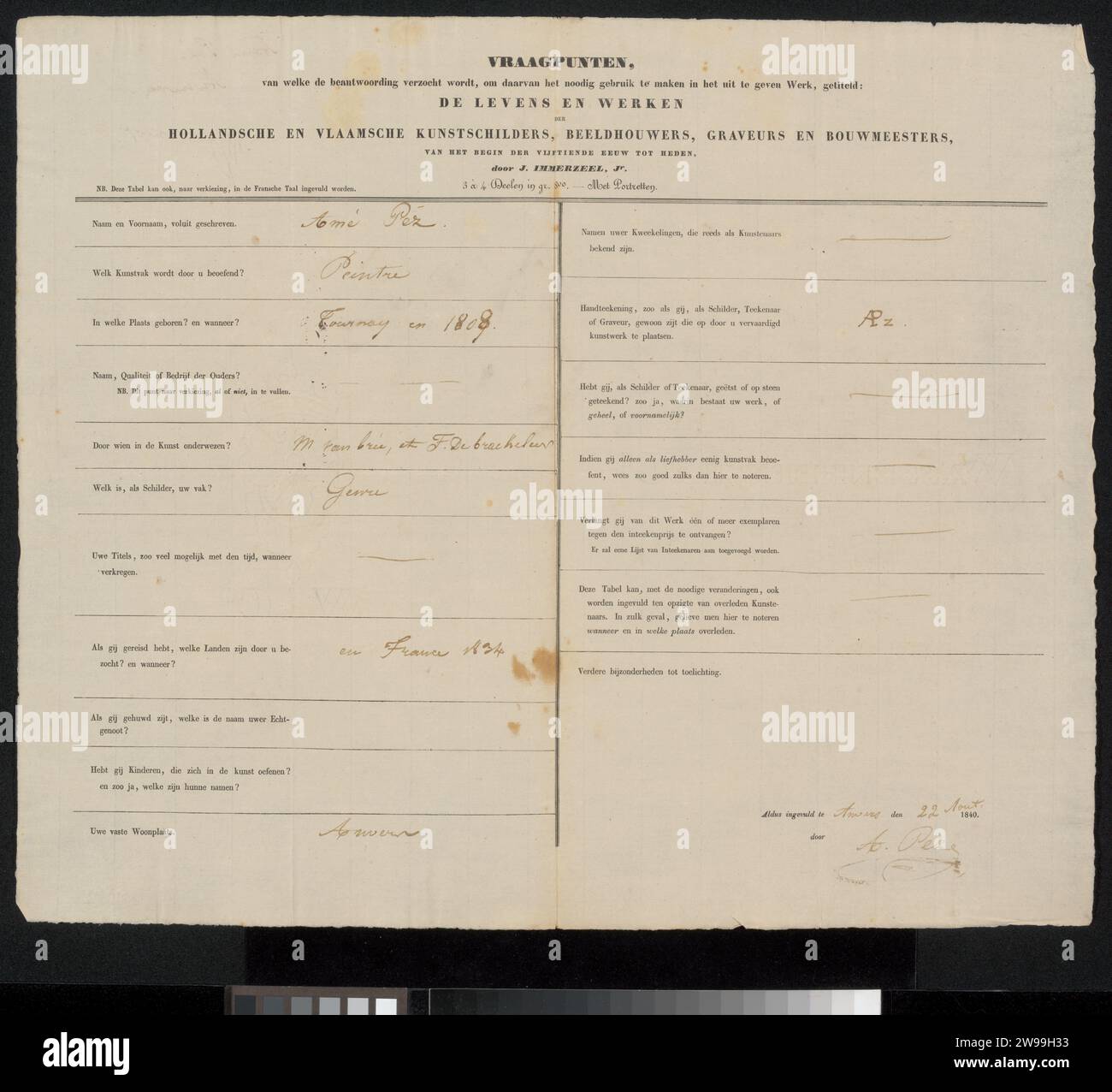 Survey form completed by Aimé Pez, Johannes Immerzeel, 1840 manuscript ...