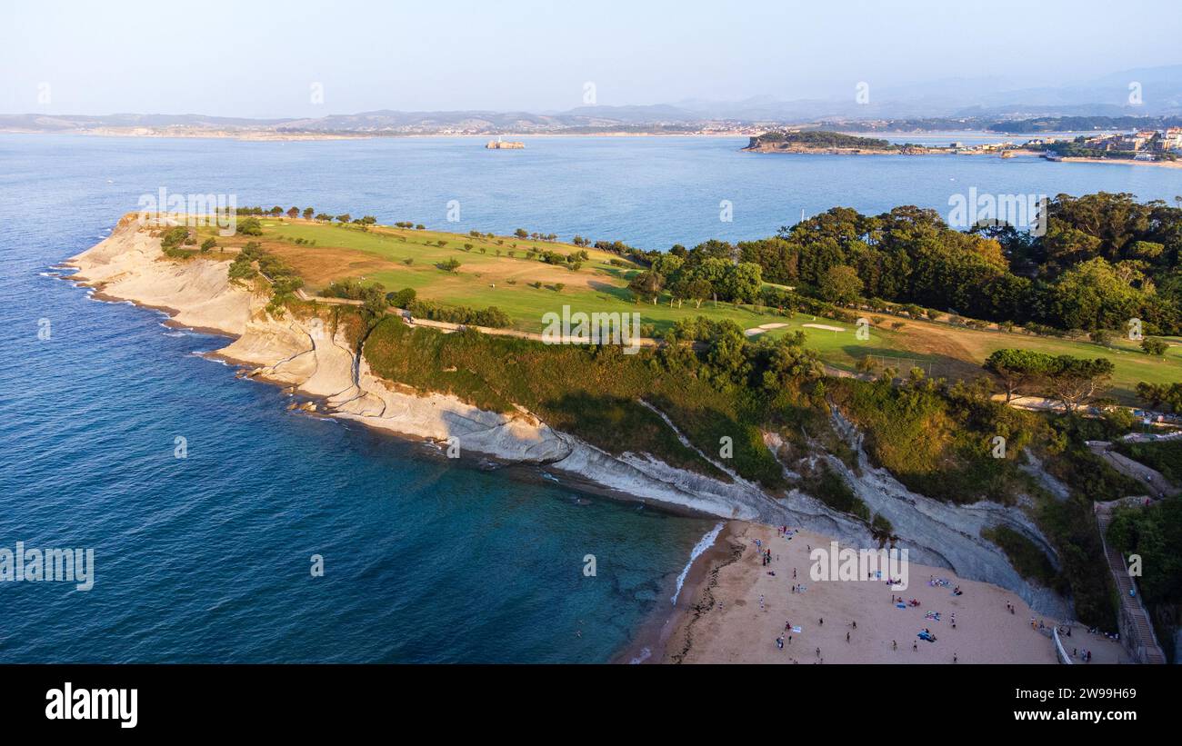 Aerial view of Santander bay, Mataleñas beach and Cabo Menor promontory ...