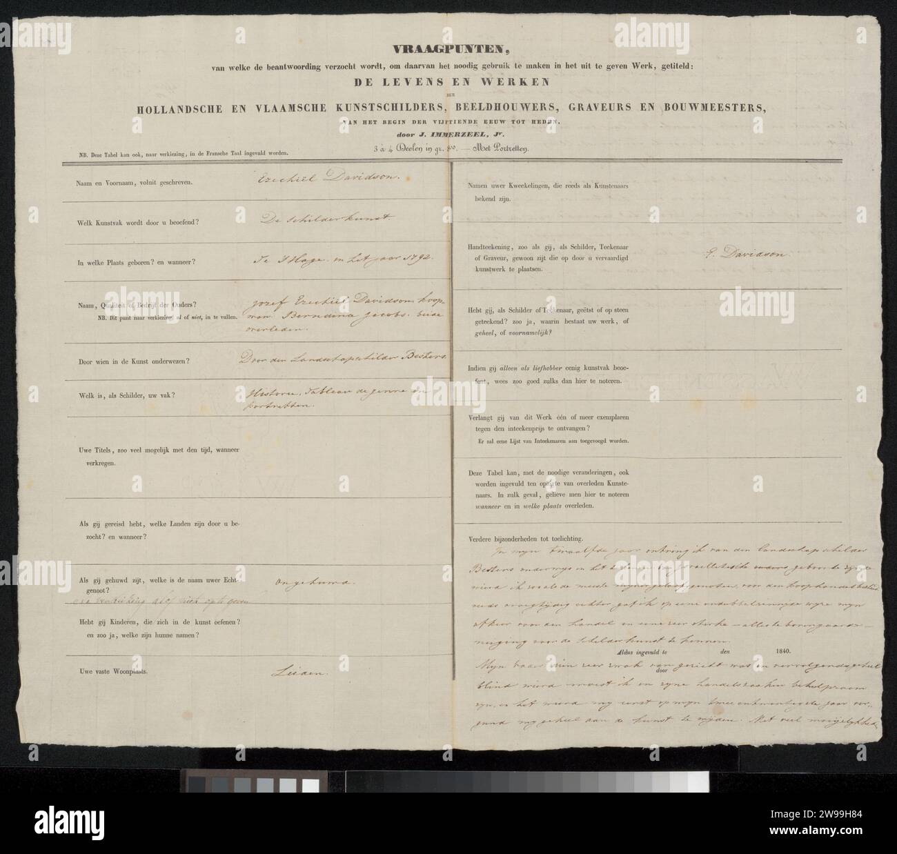 Survey form completed by Ezekiel Davidson, Johannes Immerzeel, 1840 ...