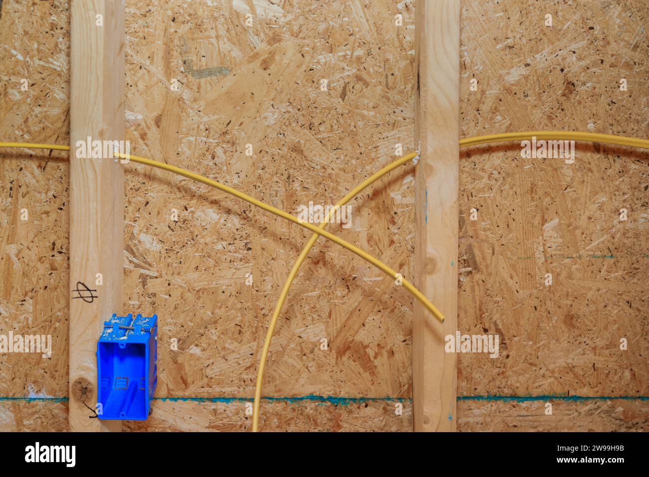 Electrical switch box made of plastic with wires attached to wooden ...