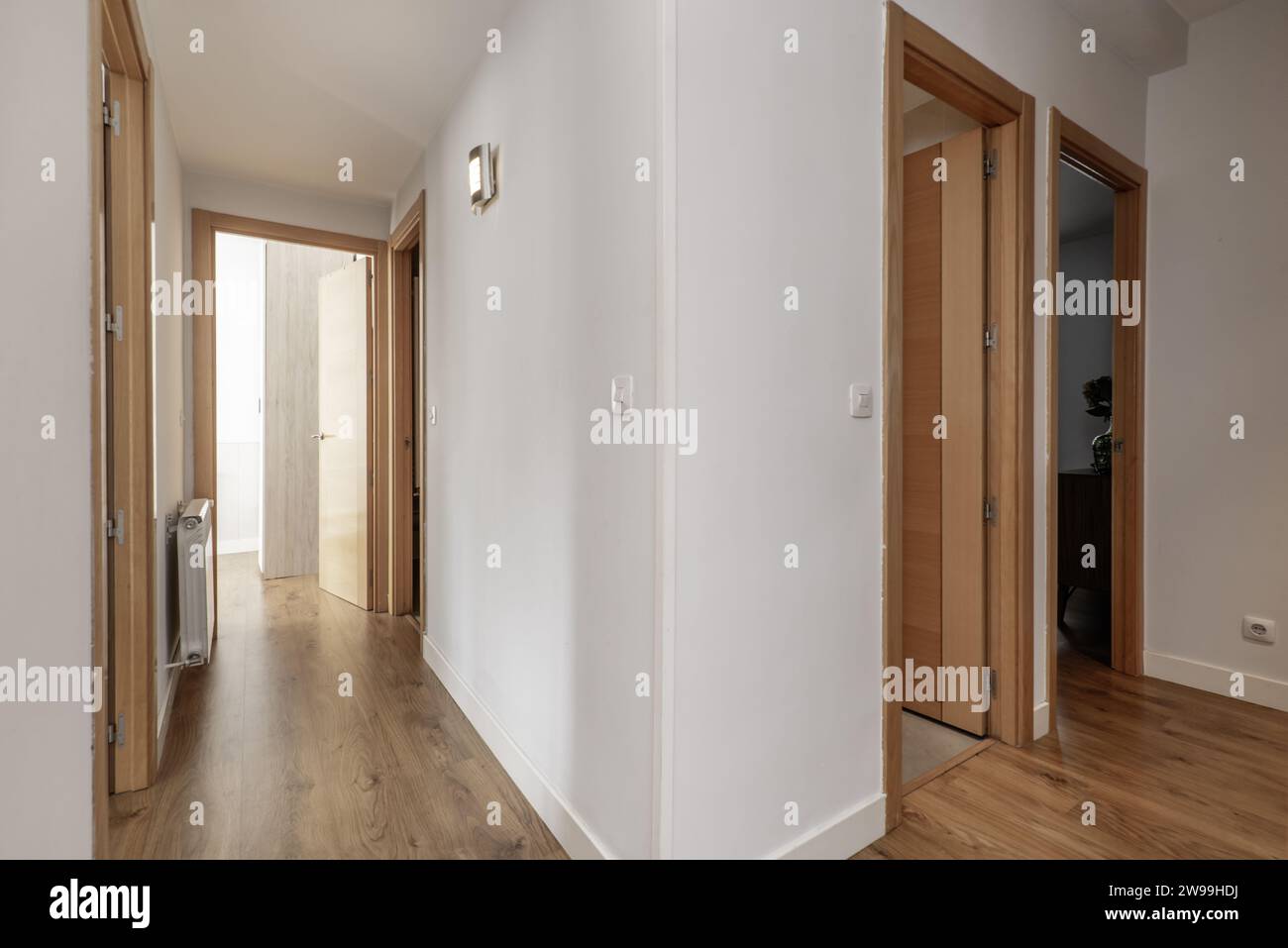 Hallway in a house with light wood floors and French oak doors to other ...