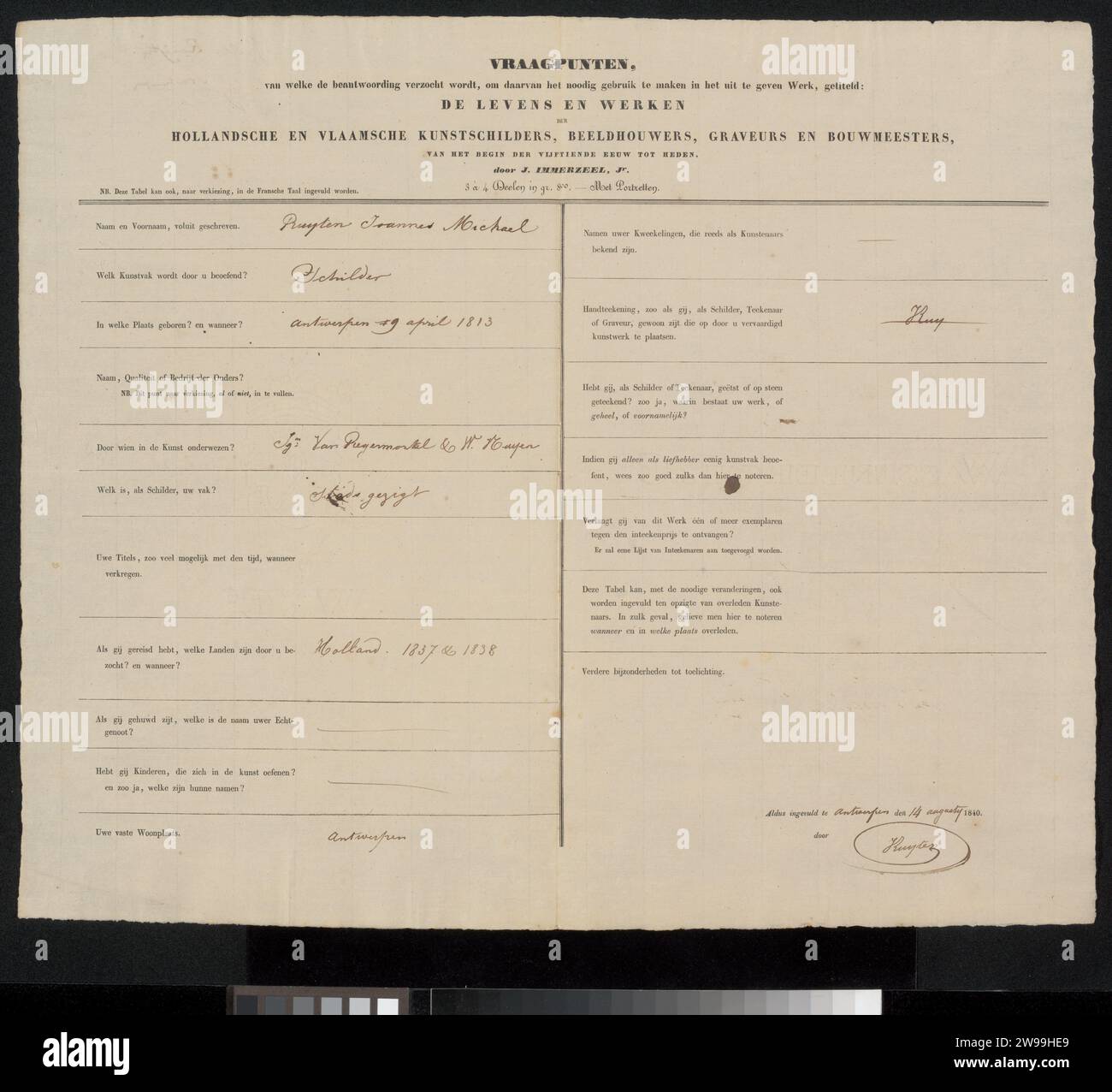 Survey form completed by Jean Michel Ruyten, Johannes Immerzeel, 1840 ...