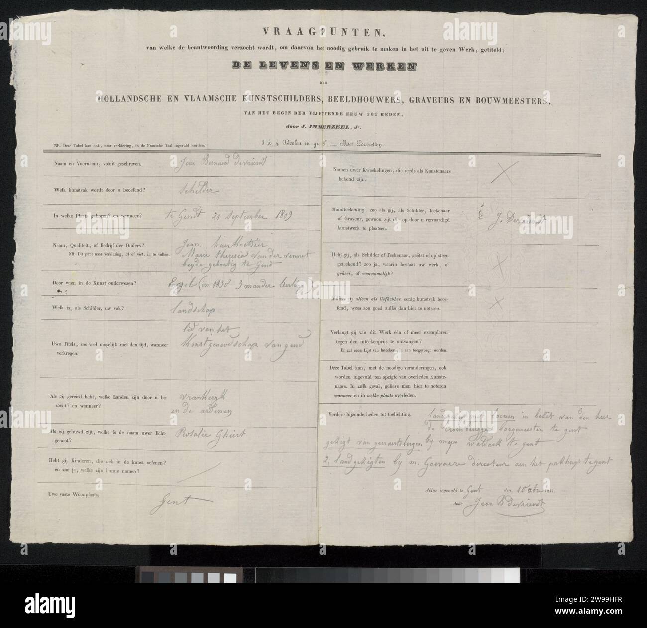 Survey form completed by Jean Bernard de Vriendt, Johannes Immerzeel ...