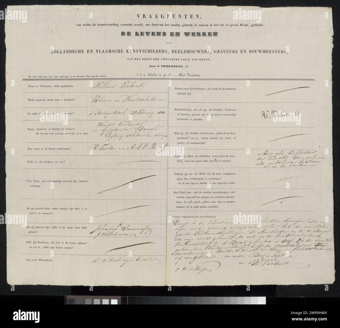 Survey form completed by Willem Verbeet, Johannes Immerzeel, 1841 ...