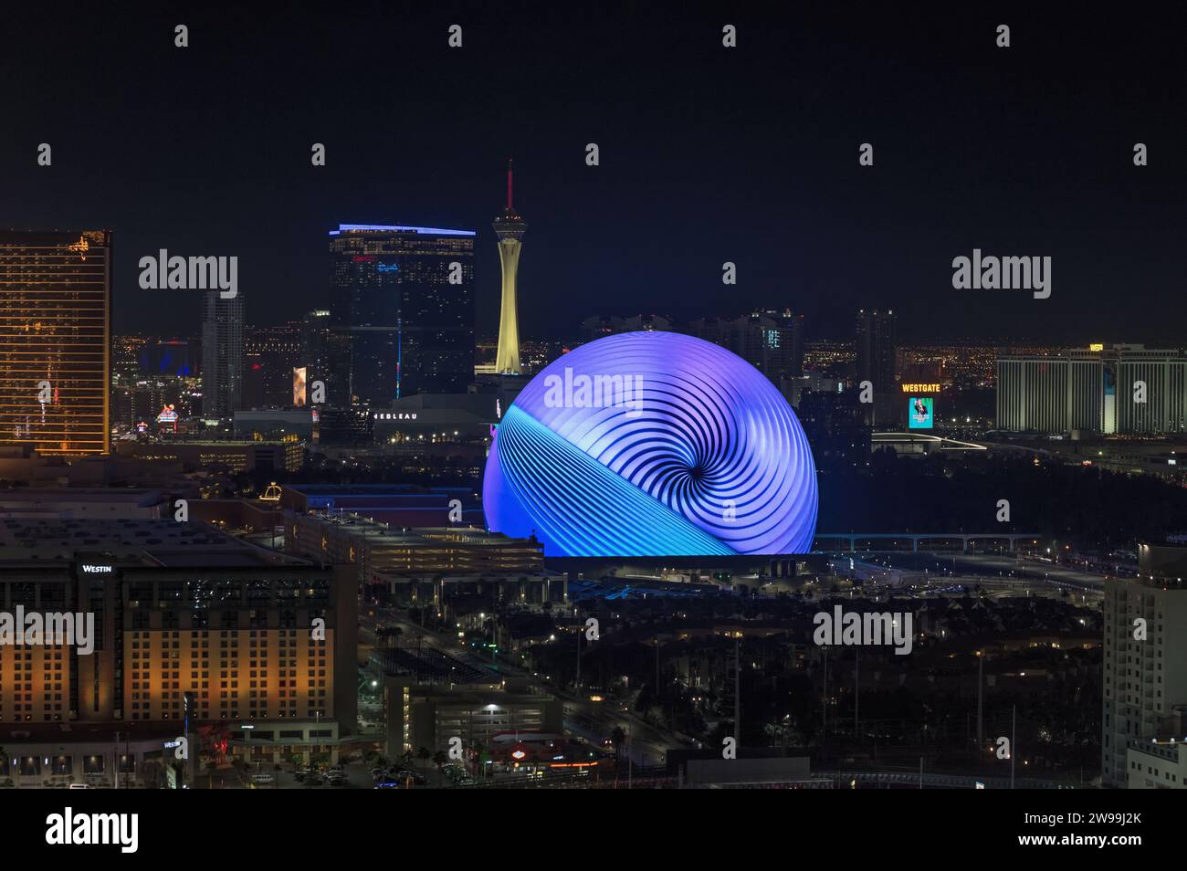 Las Vegas cityscape shown at night, looking north, including the Sphere ...
