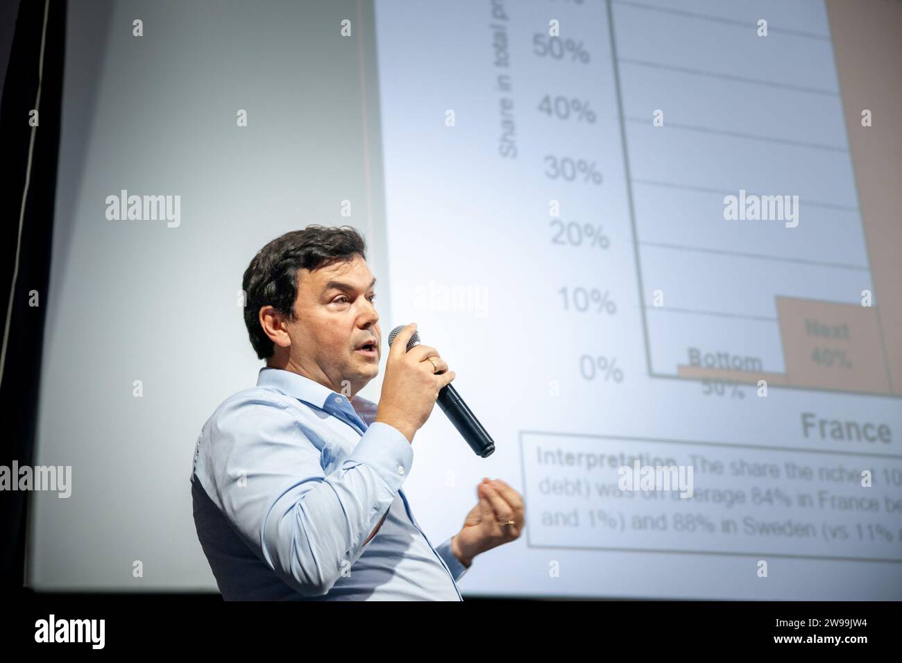 Picture of a portrait of Thomas Piketty talking during a conference in ...