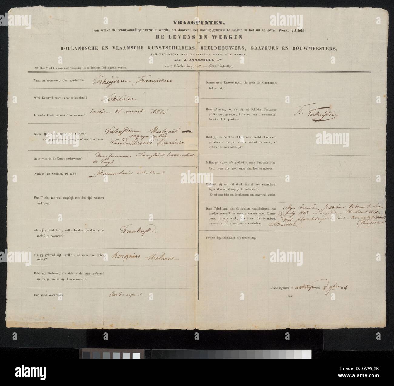 Survey form completed by François Verheyden, Johannes Immerzeel, 1841 ...