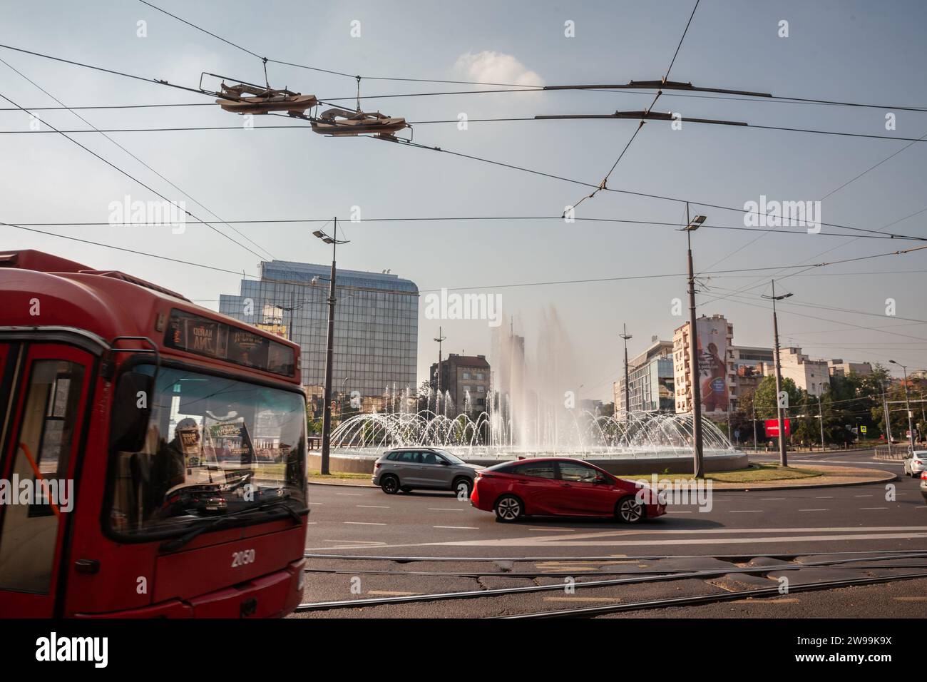 Picture of cars packing at rush hour on Trg Slavija square during dusk ...