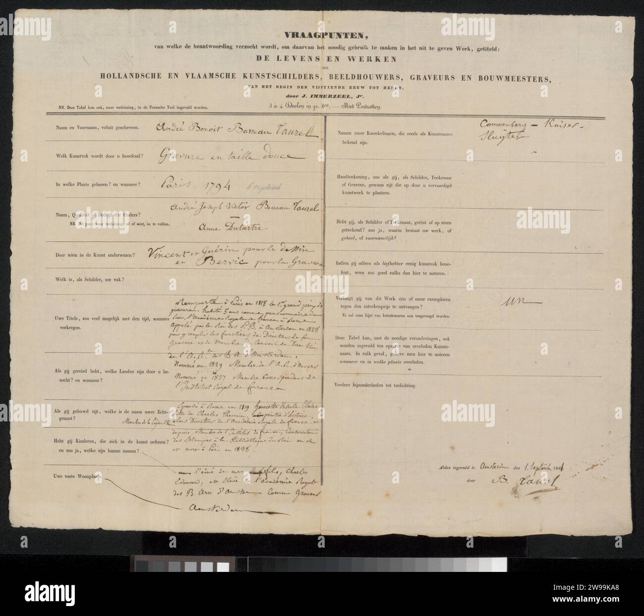 Survey form completed by Benoit Taurel, Johannes Immerzeel, 1841 ...