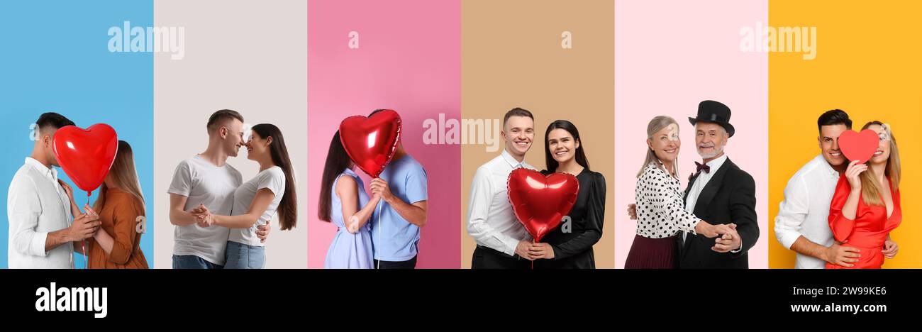 Romantic date. Different lovely couples on color backgrounds, set of ...
