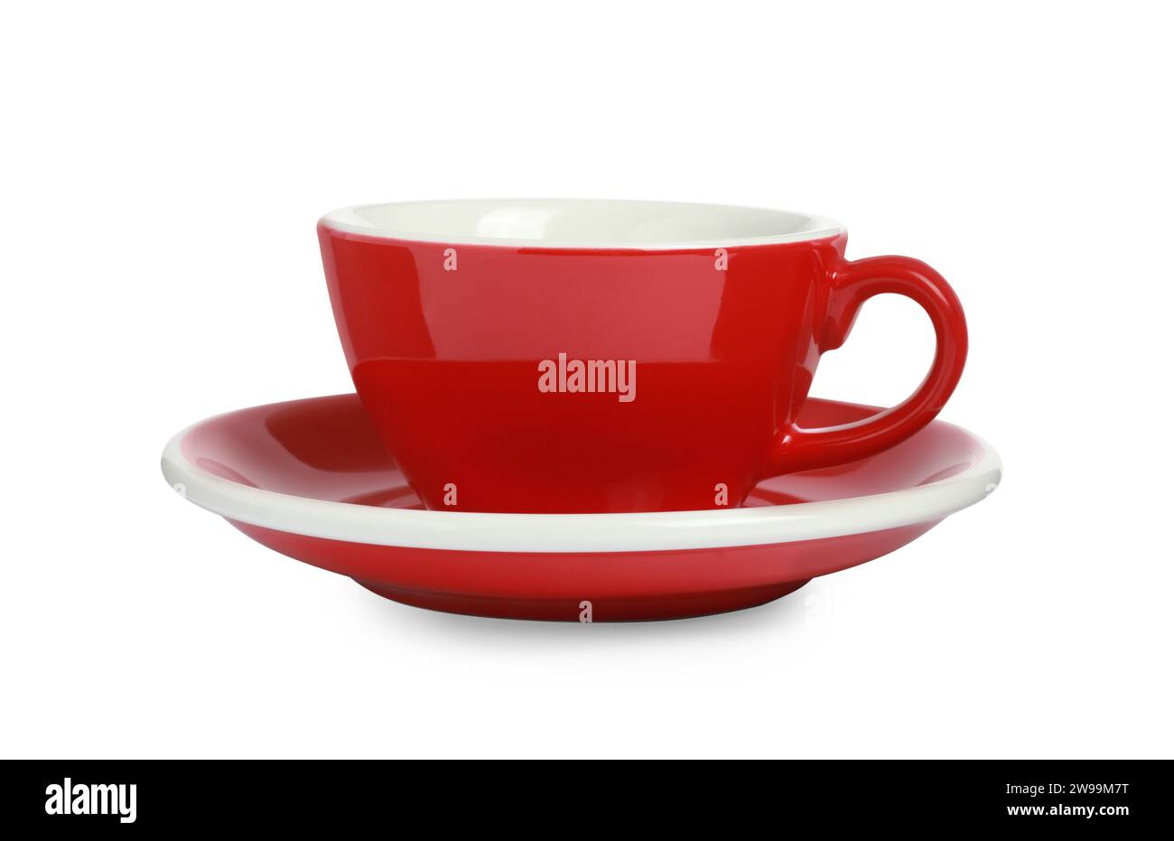 Red ceramic cup with saucer isolated on white Stock Photo - Alamy