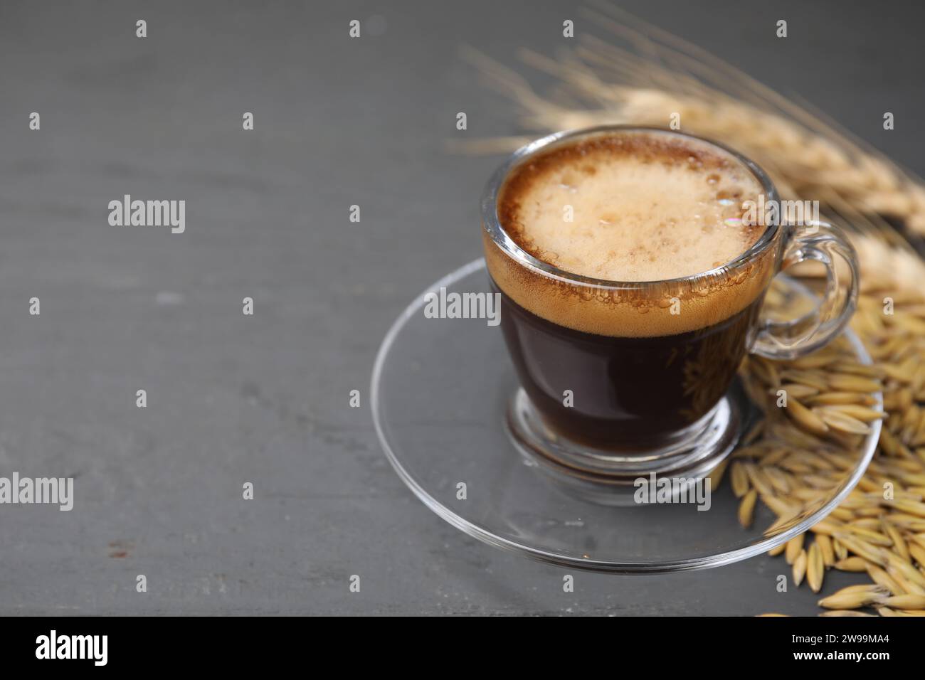 Cup of barley coffee and grains on gray table, closeup. Space for text ...