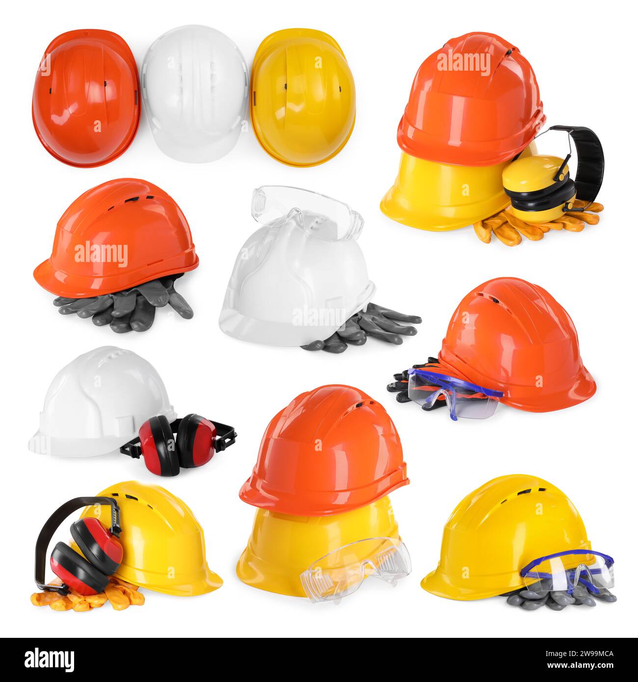 Safety equipment, collection. Hard hats, gloves, protective headphones and goggles isolated on ...