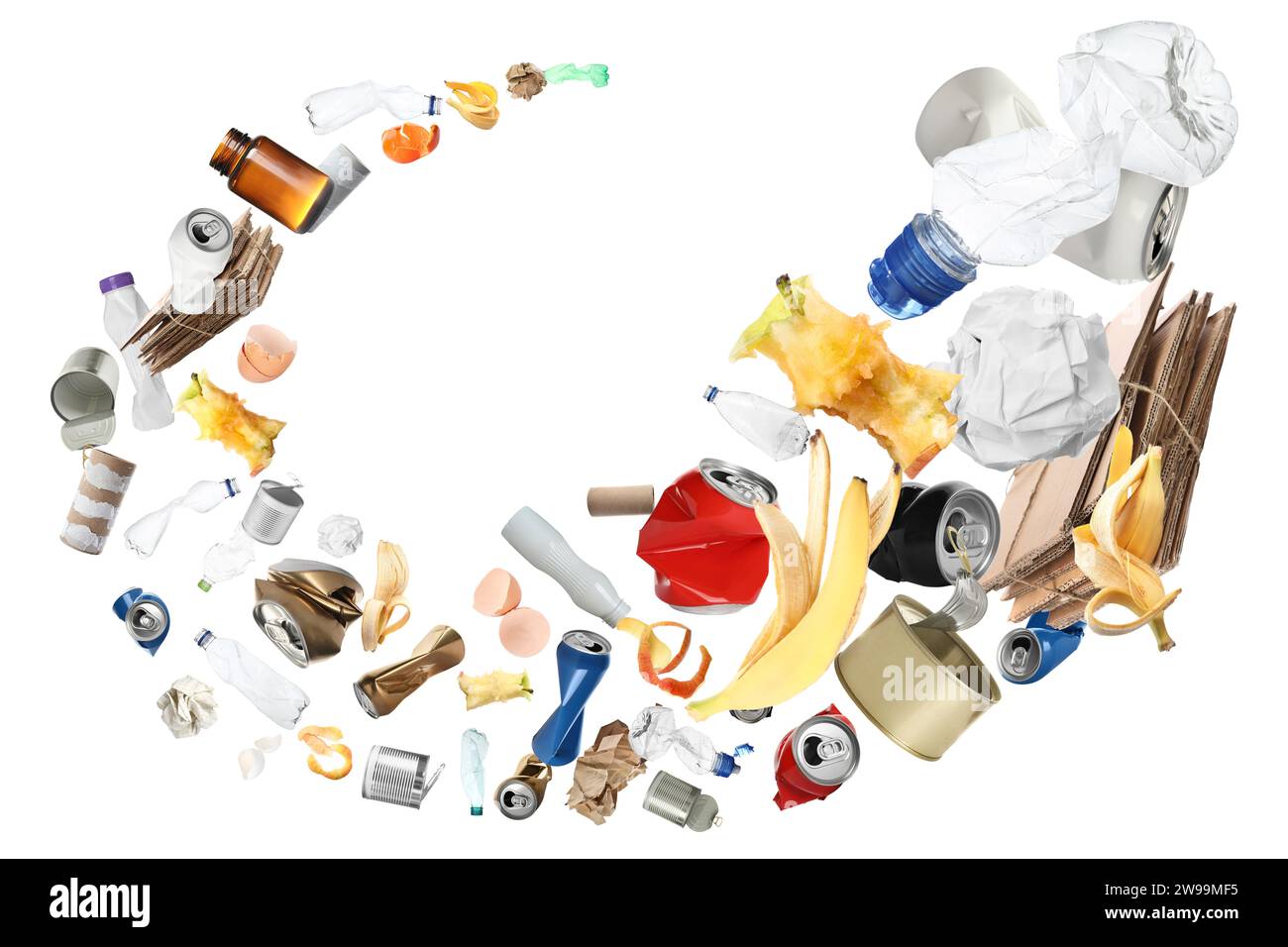 Lots of different garbage flying on white background Stock Photo - Alamy