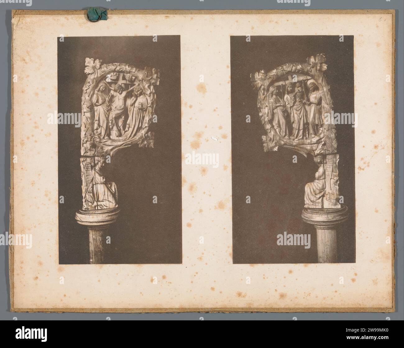 Two views of a part of a crumb with representations of Mary with child ...