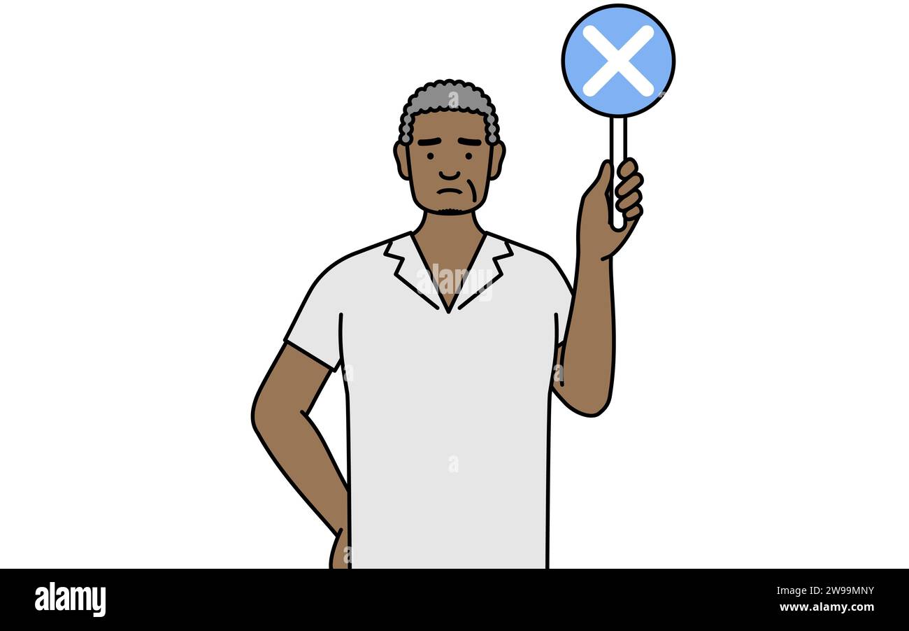 African senior man holding a placard with an X indicating incorrect ...