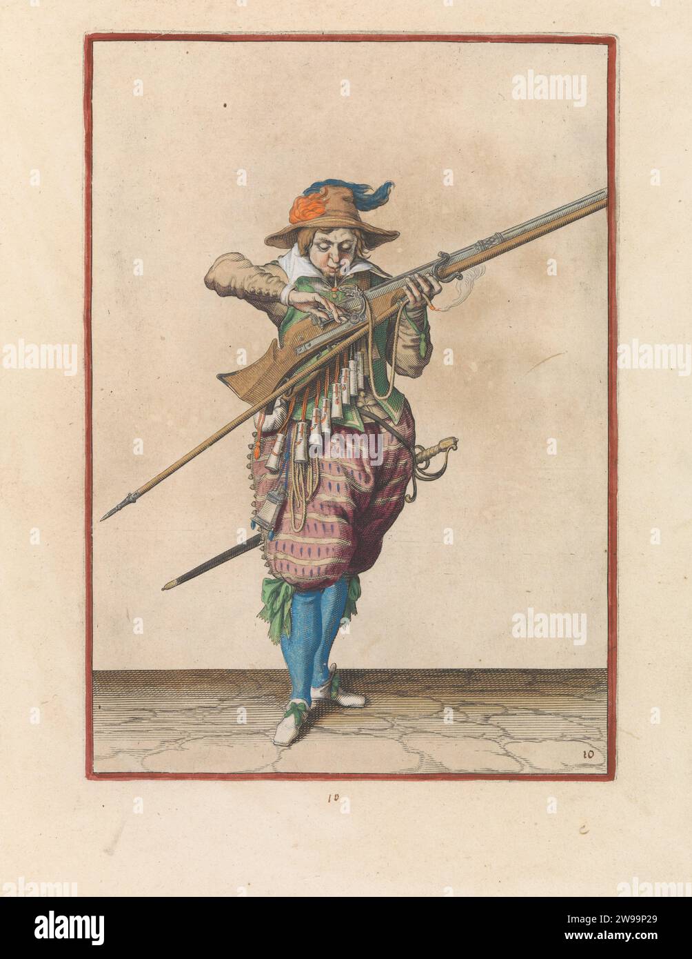 Soldier who blows his wick clean, covering the pan of his musket with ...