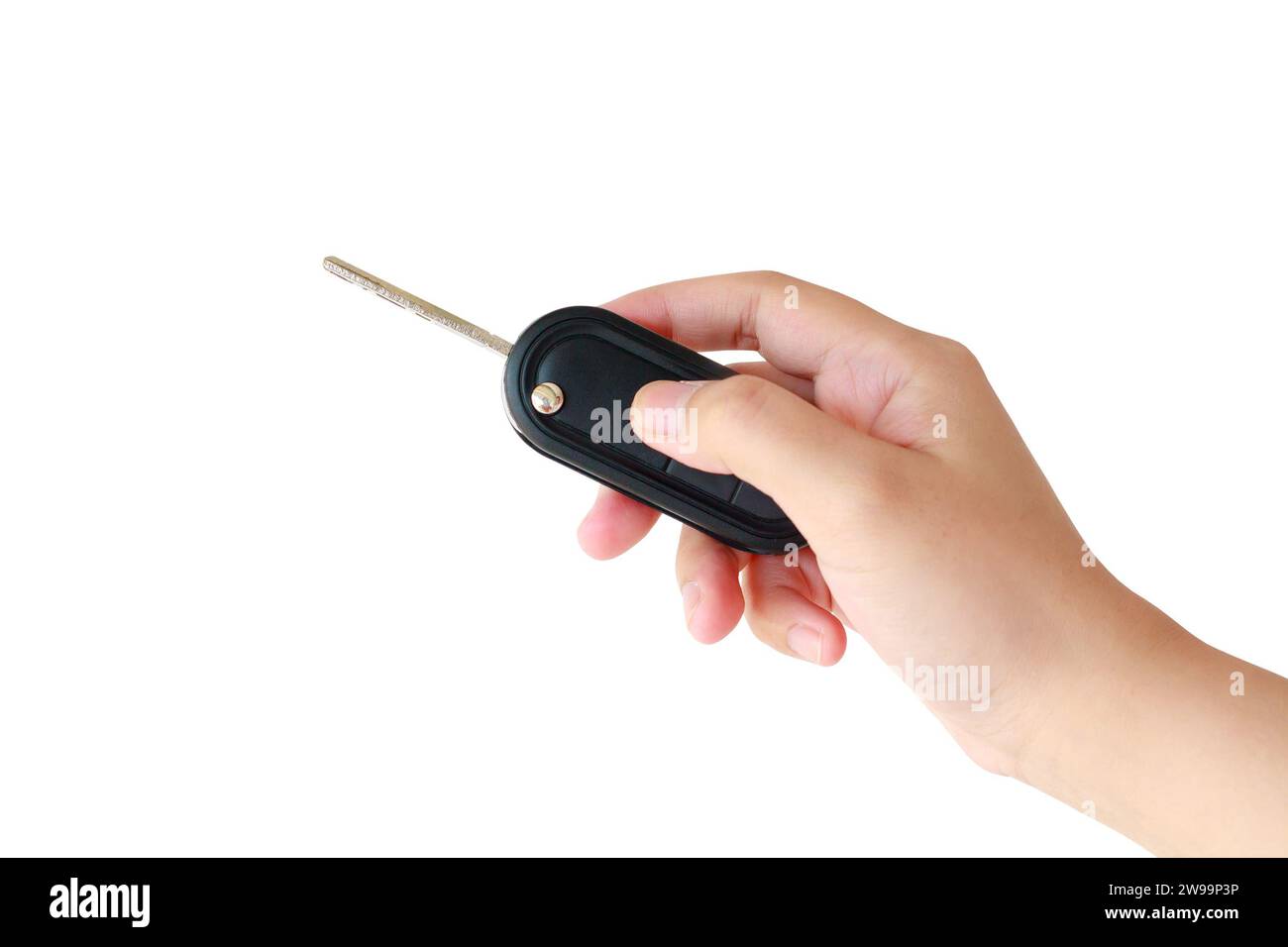 women hand presses on the remote control car key alarm systems isolated ...