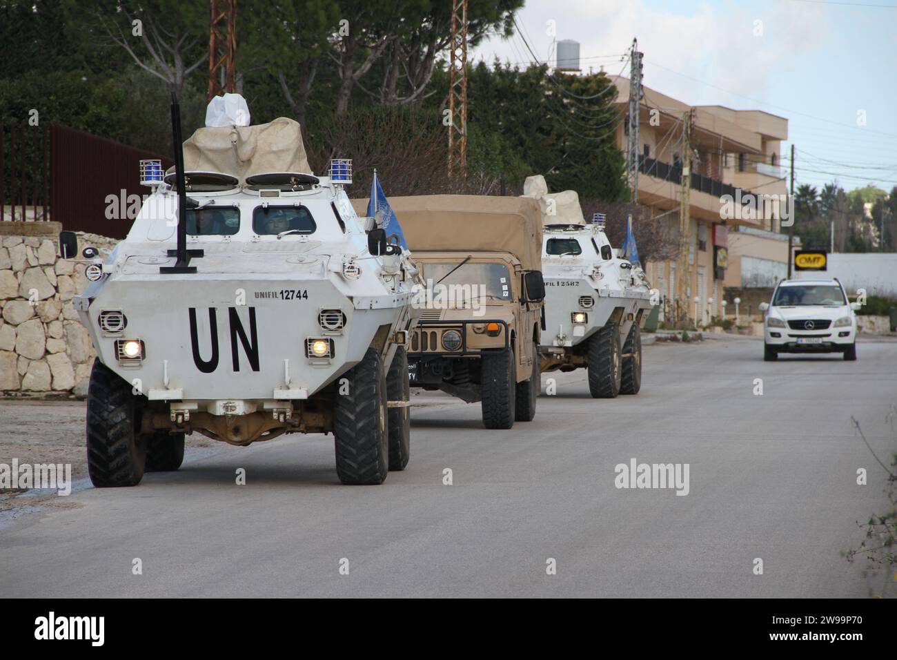 Khiam. 25th Dec, 2023. Vehicles of the United Nations Interim Force In Lebanon (UNIFIL) patrol ...