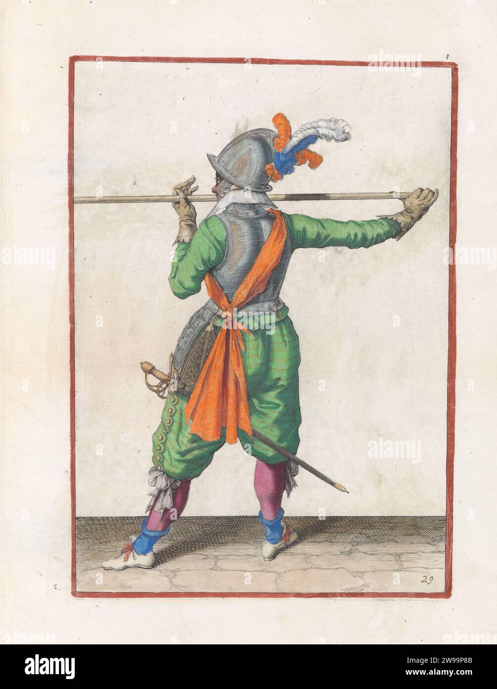 Soldier, seen on the back, who carries his skewers with both hands ...