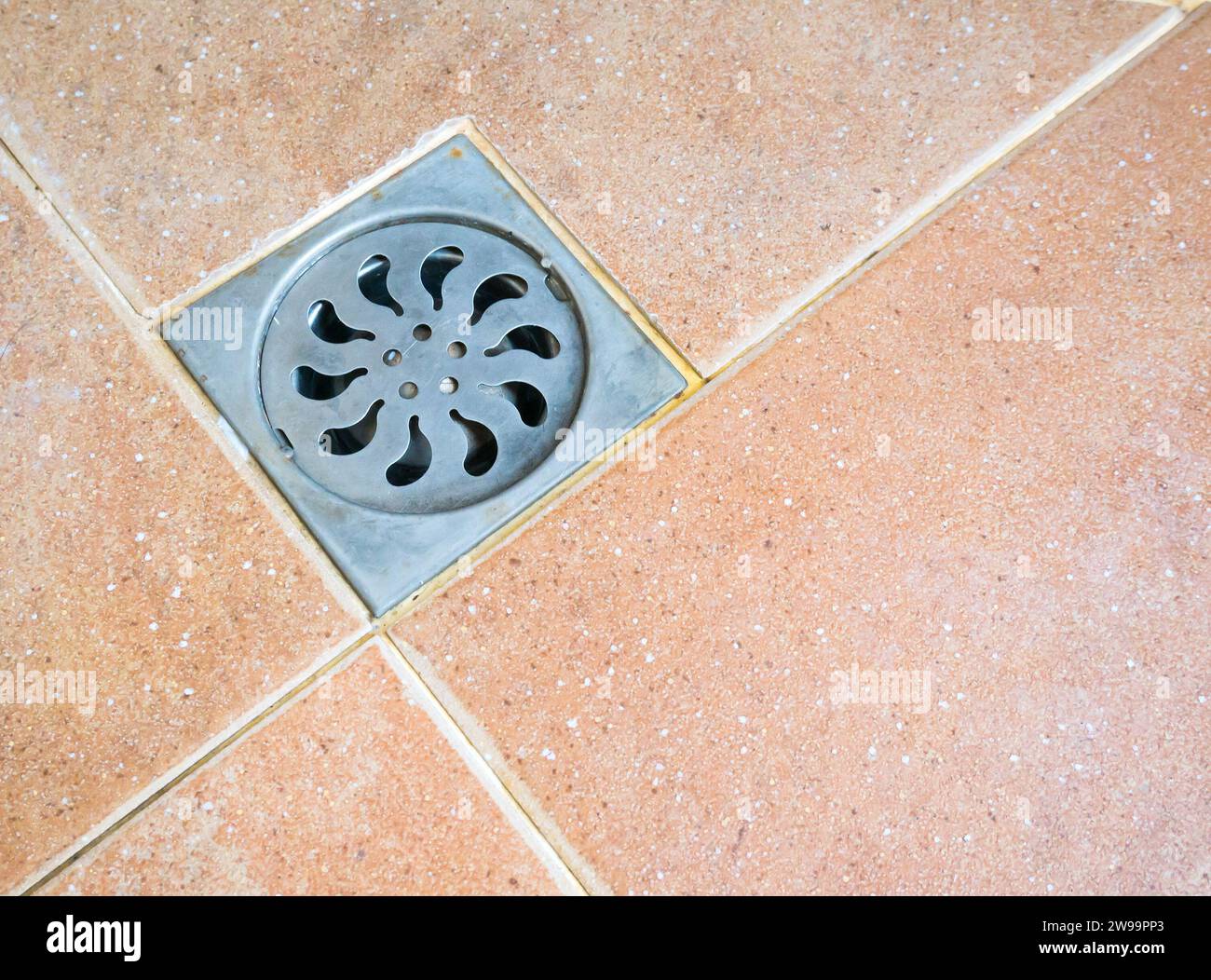 Metal drain hole in the tiled of bathroom floor Stock Photo - Alamy