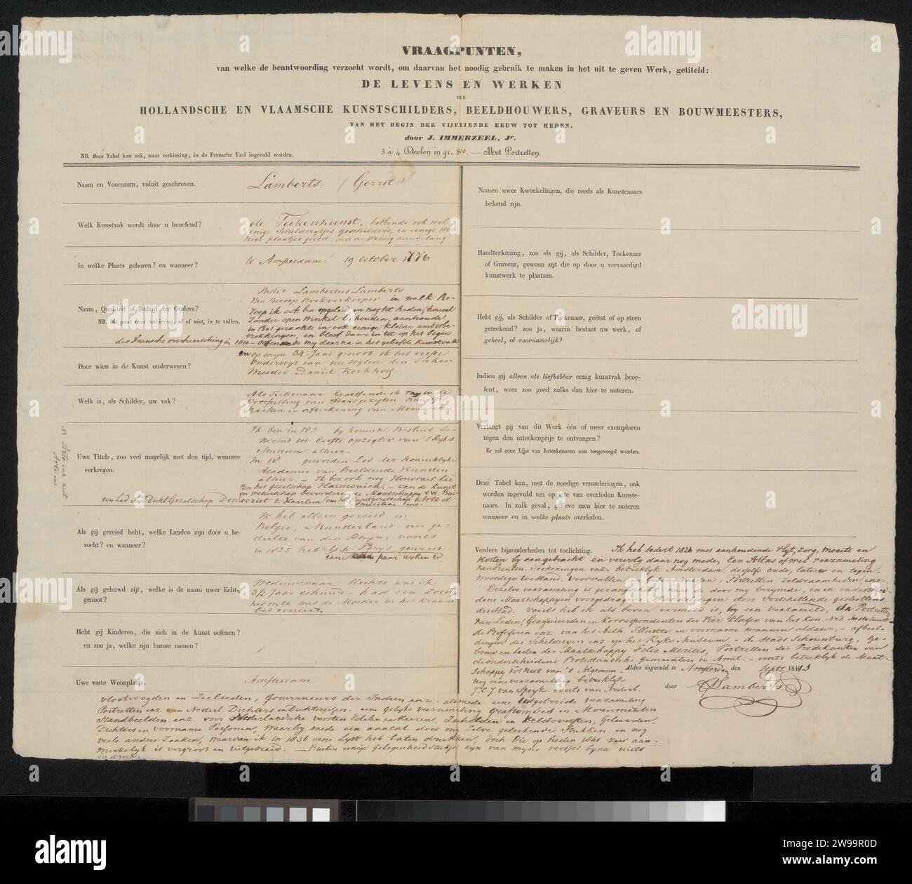 Survey form completed by Gerrit Lamberts, Johannes Immerzeel, 1843 ...